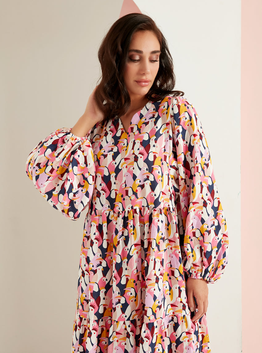 100% Linen Parrot Print V Neck Dress – Store WF